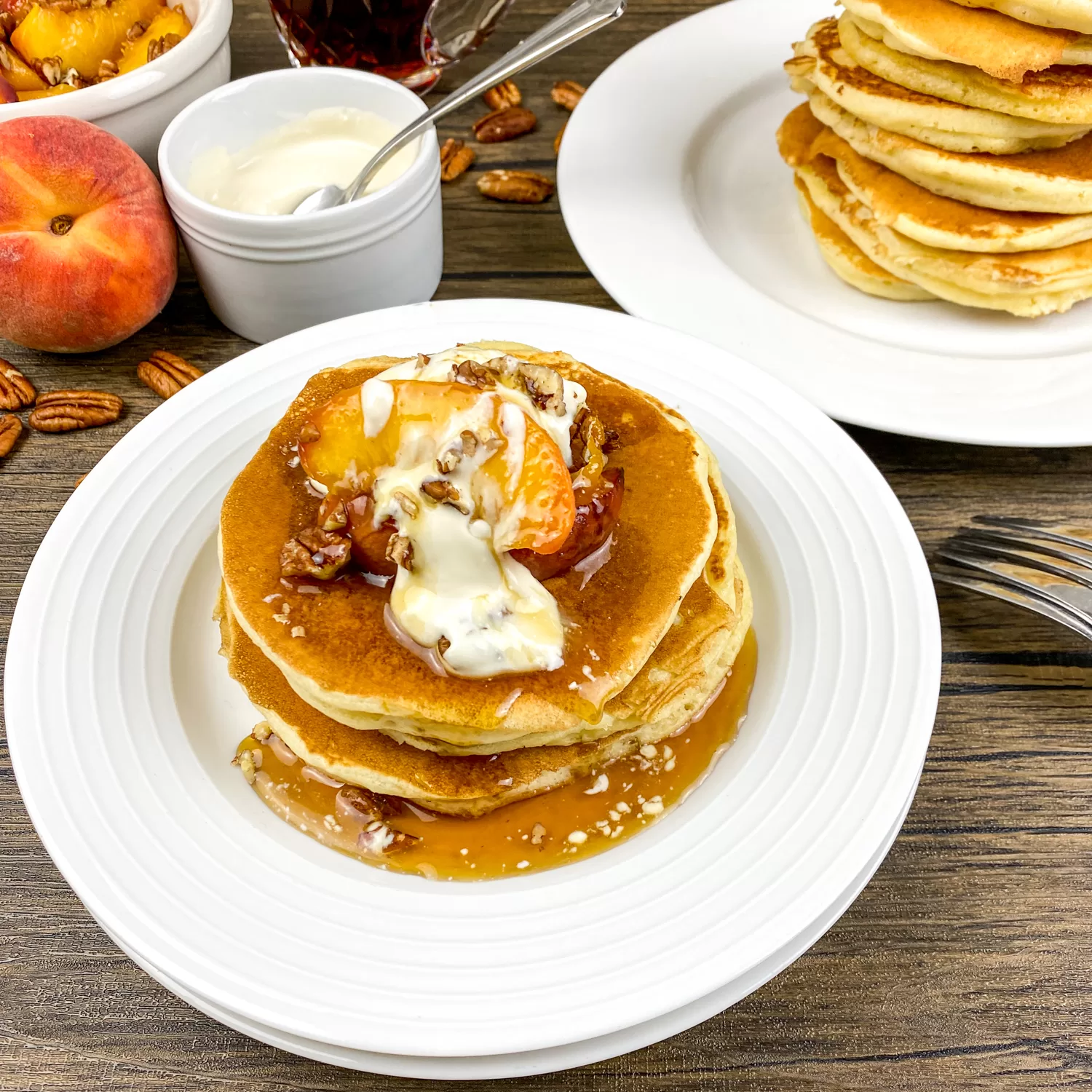 Creamy Buttermilk Pancakes with Maple-Roasted Peaches | Flour Me With Love